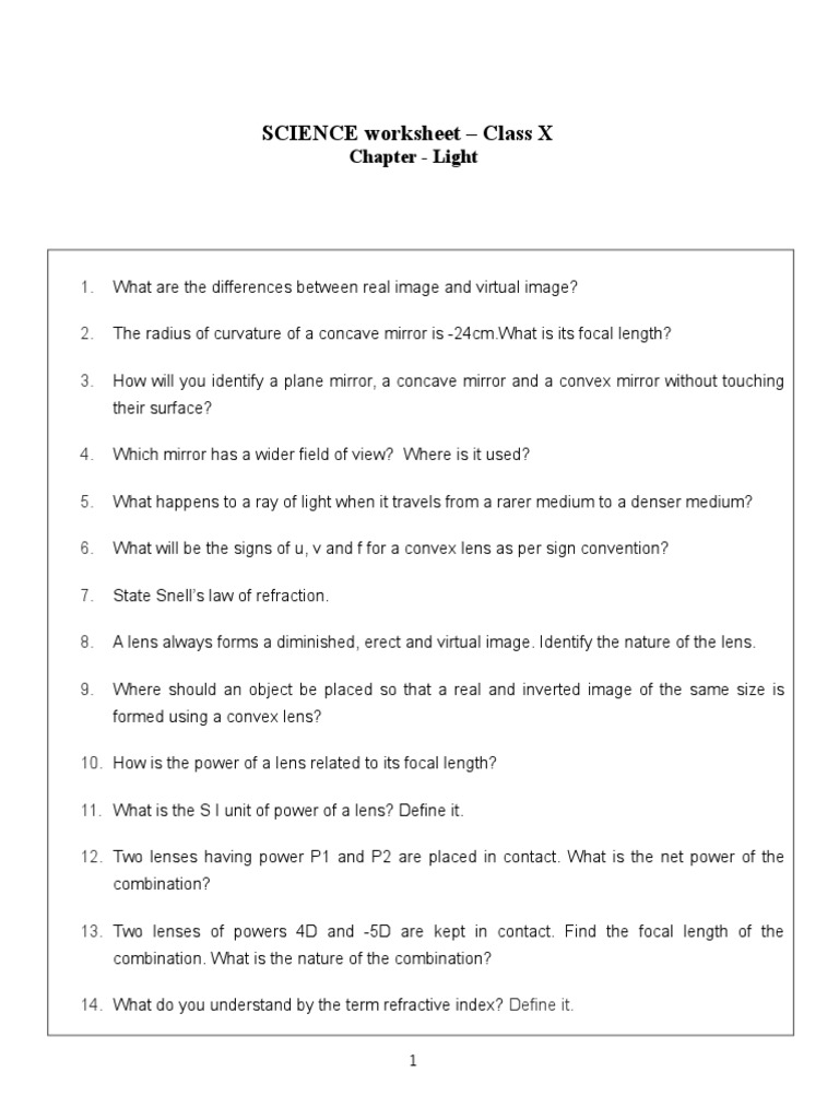 Worksheet CBSE Class 10 Light | PDF | Lens (Optics) | Glass Applications