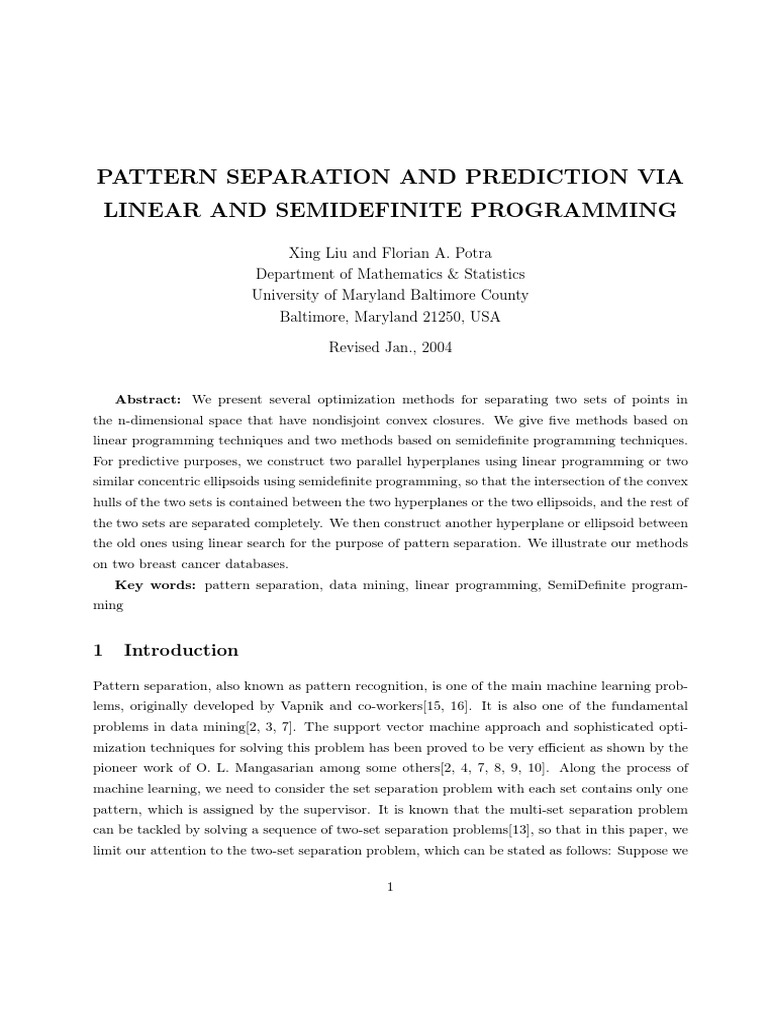 Pattern Separation And Prediction Via Linear And Semidefinite Programming Pdf Support Vector