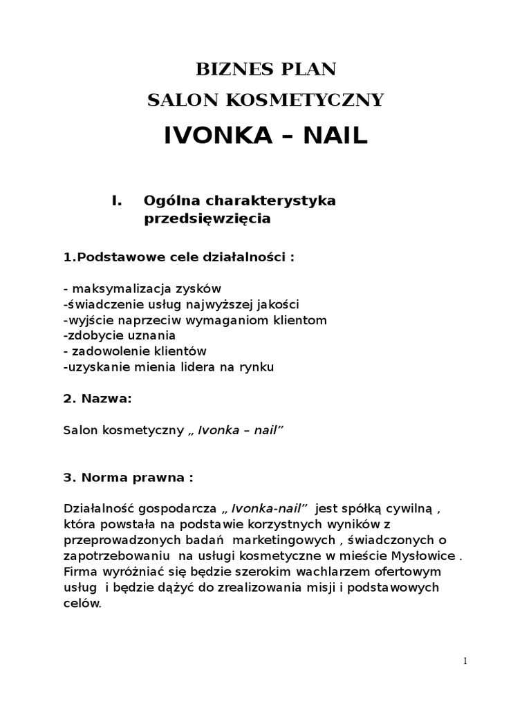 Ivonka - Nail: Biznes Plan Salon Kosmetyczny | PDF