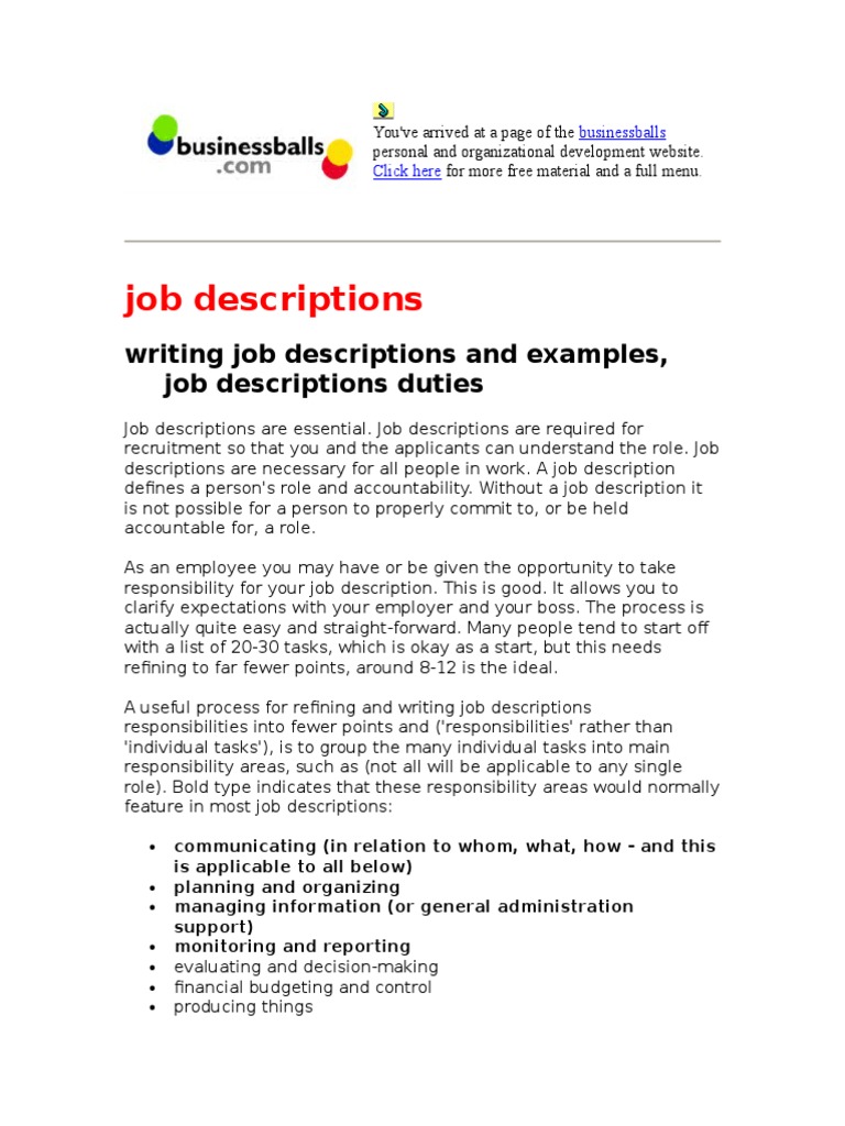 Job Descriptions: Writing Job Descriptions and Examples, Job ...