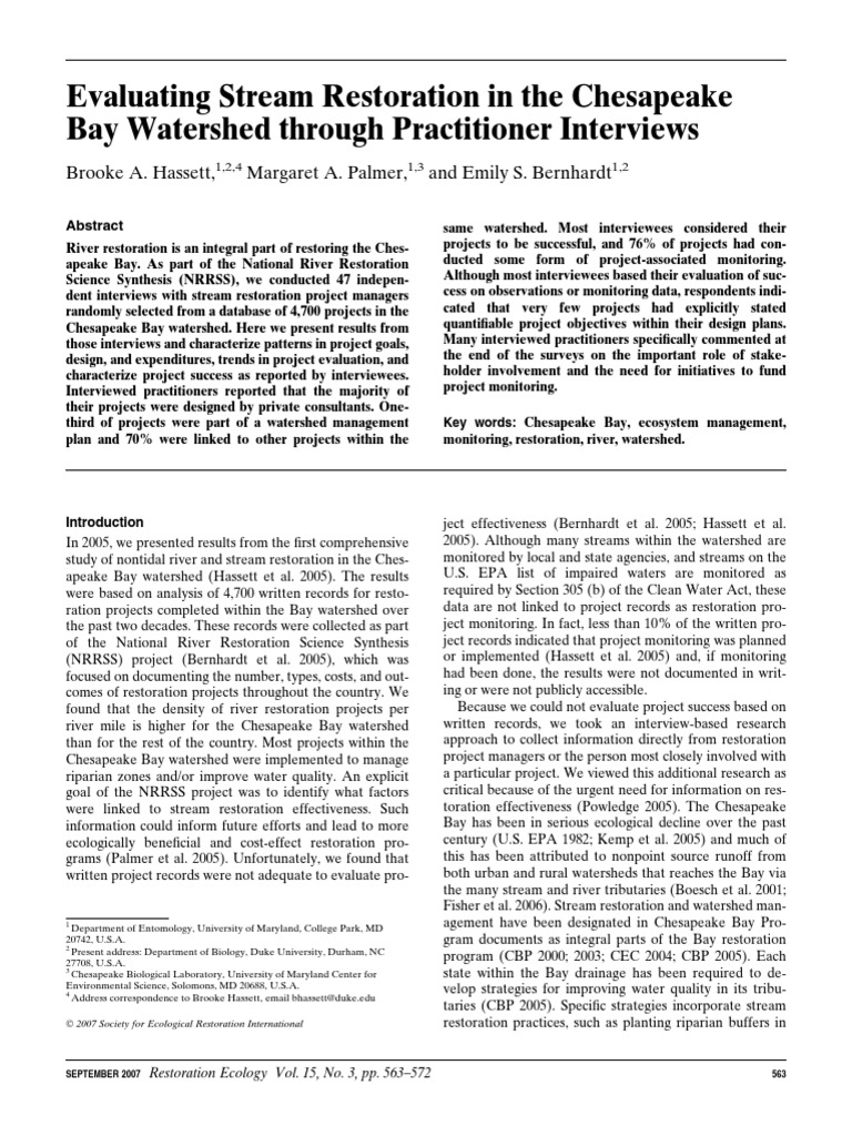Evaluating Stream Restoration in The Chesapeake Bay Watershed Through ...
