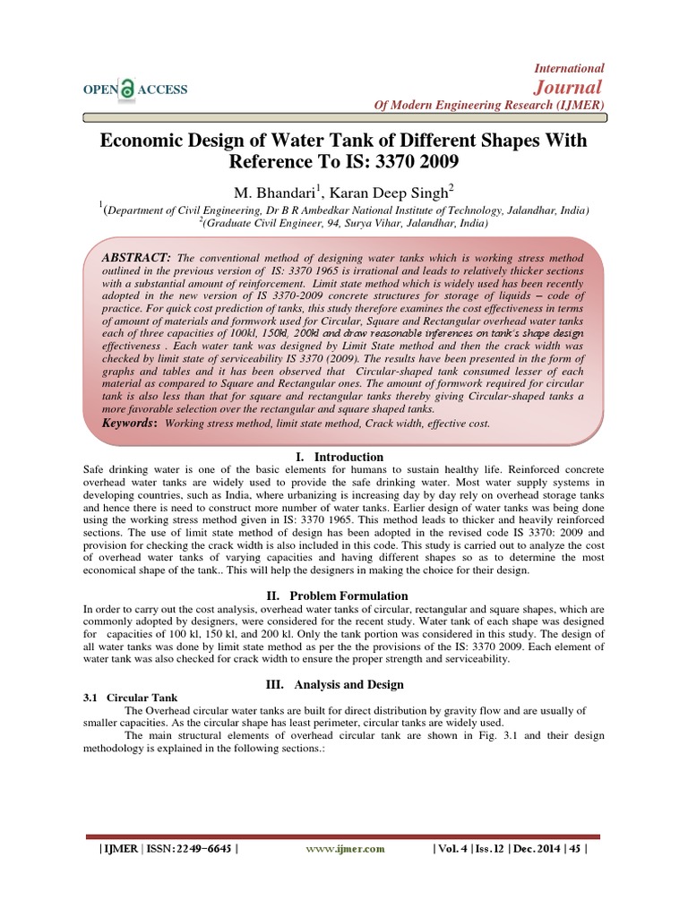 Economic Design of Water Tank of Different Shapes With Reference To IS ...