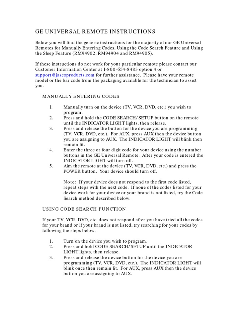 Ge Universal Remote Instructions: Manually Entering Codes | PDF ...