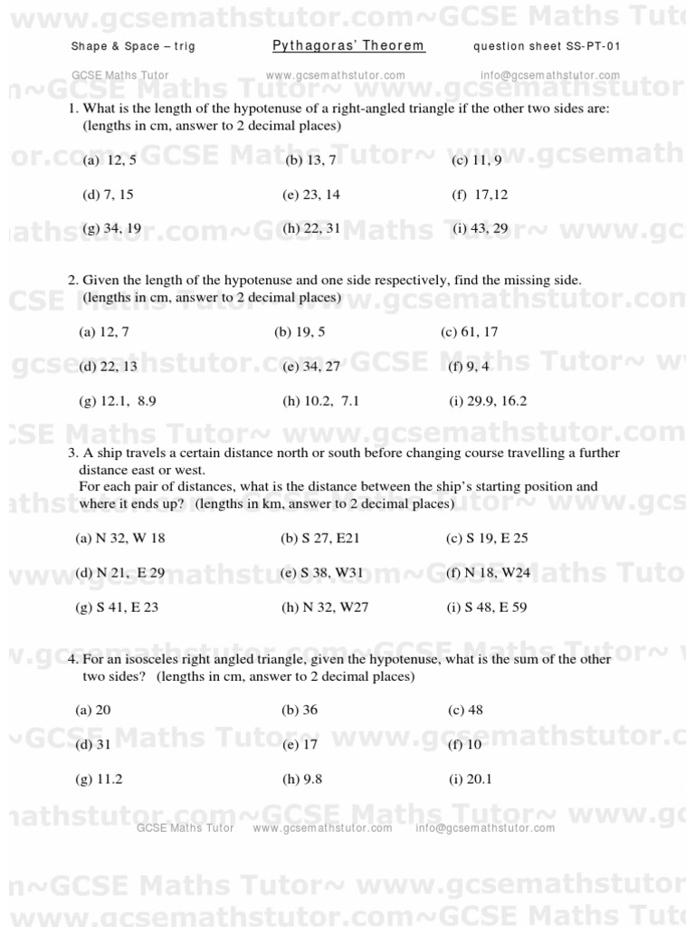 Pythagoras' Theorem Worksheet #01, Shape & Space Revision From GCSE ...