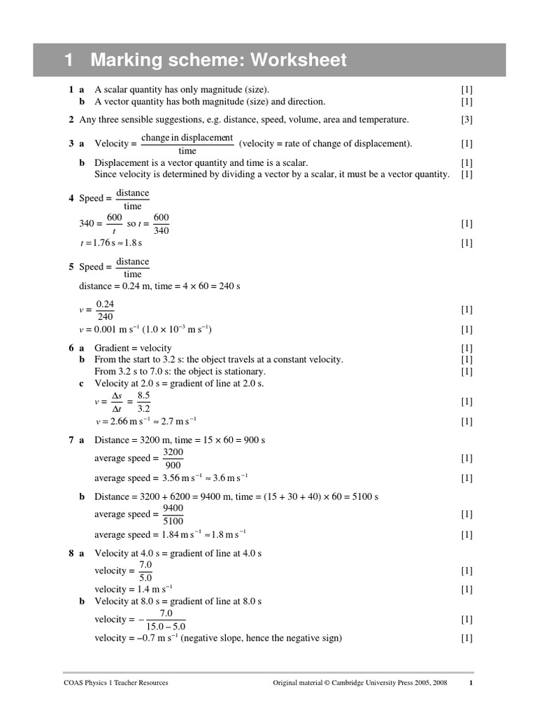 1 Marking Scheme Worksheet | PDF | Velocity | Speed