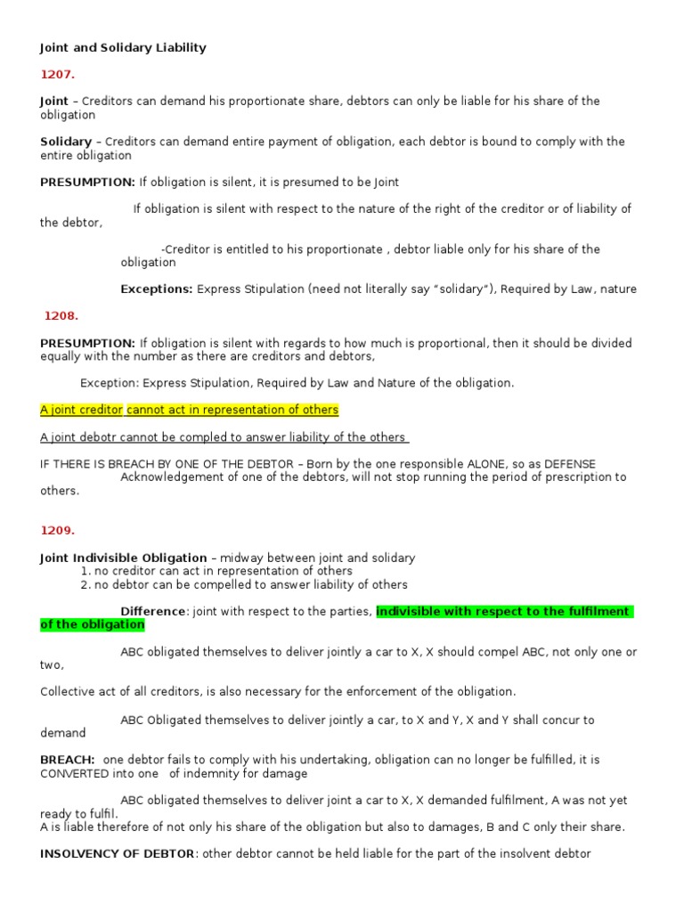 Joint and Solidary Liability Mini Reviewer | PDF | Virtue | Private Law