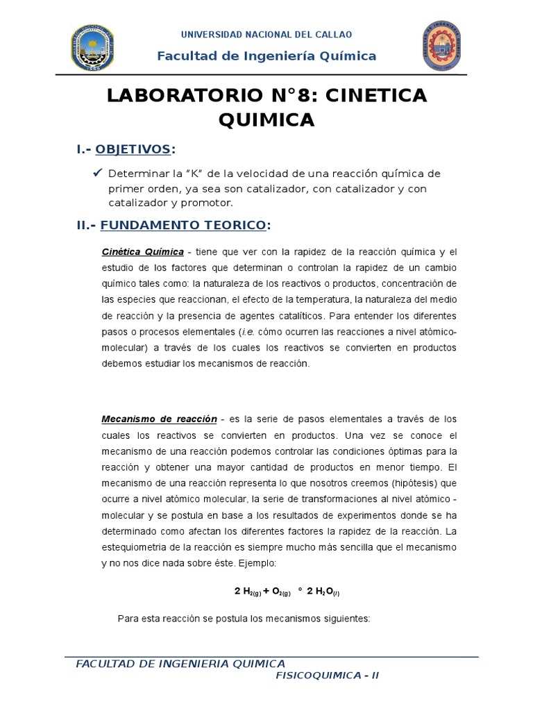 Laboratorio De Fisicoquimica Ii Cinetica Quimica Pdf Reacciones
