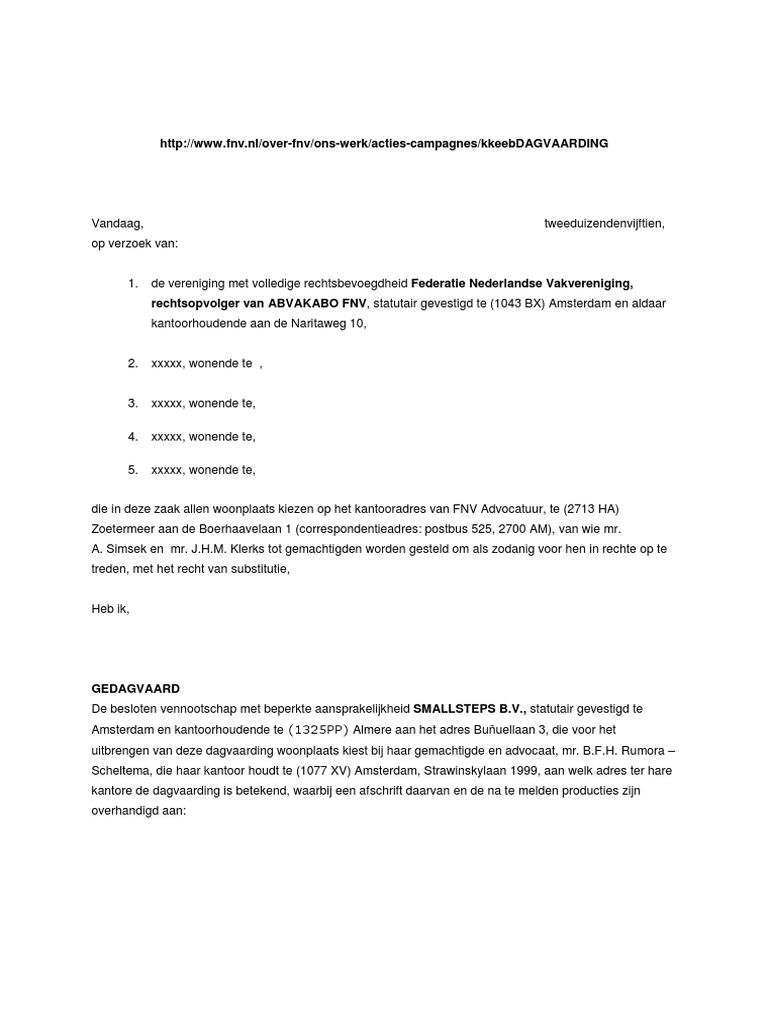 Dagvaarding FNV-Smallsteps | PDF