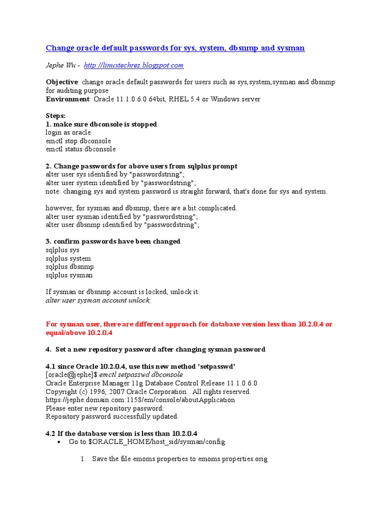 Change Oracle Default Passwords For Sys, System, DBSNMP and Sysman | PDF | Password | Databases