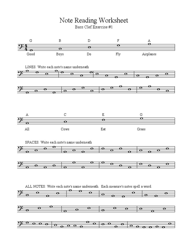Bass Clef Notes Worksheet