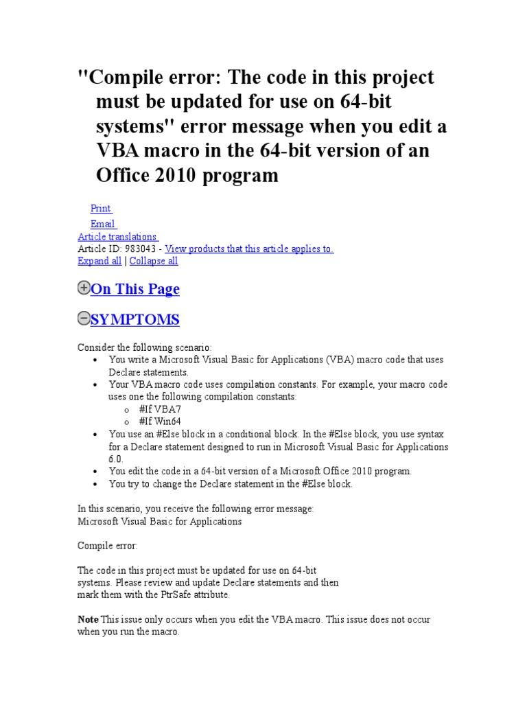 Compile Error For 64 Bit | PDF | Visual Basic For Applications | 64 Bit ...