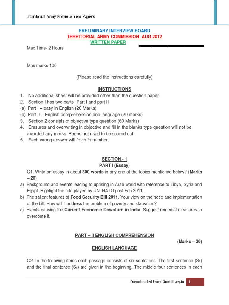 Territorial Army Previous Year Papers - TA Question Papers PIB ...