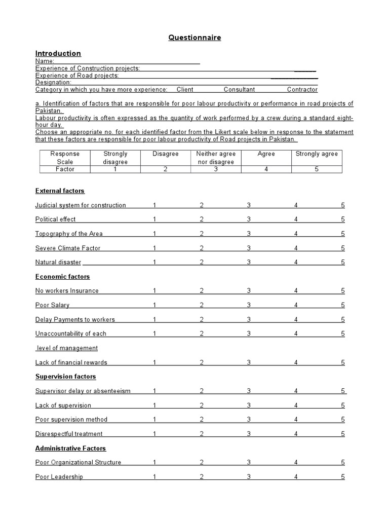 Questionnaire (Productivity Factors) | Download Free PDF | Occupational ...