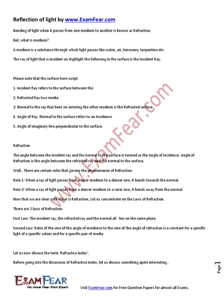 Refraction of Light Notes | PDF | Refraction | Light
