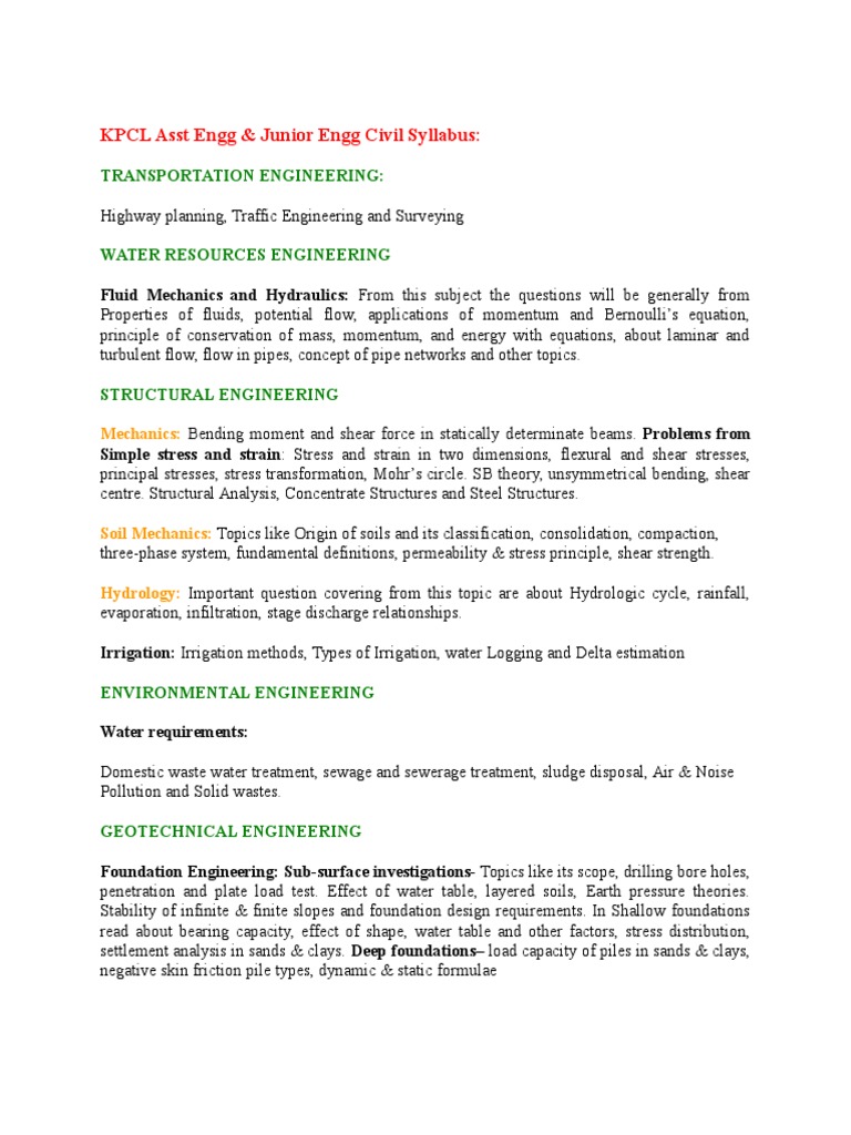 KPCL Civil Engg Syllabus Overview | PDF