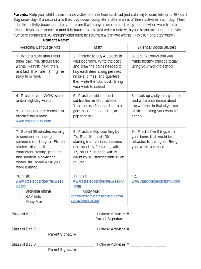 Blizzard Bag Activity Choices for Kids | PDF | Home & Garden | Art