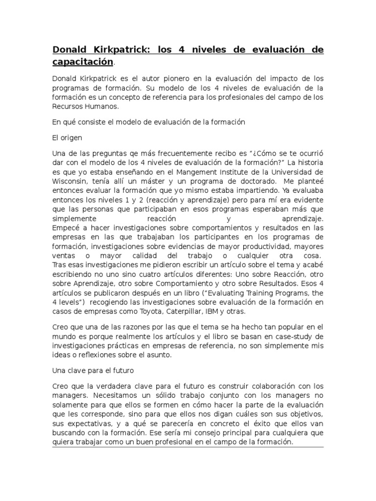 Kirkpatrick: 4 Niveles de Evaluación | PDF | Evaluación | Comportamiento