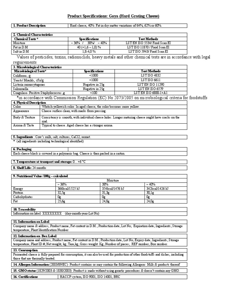 Product Specifications | PDF | Cheese | Foods
