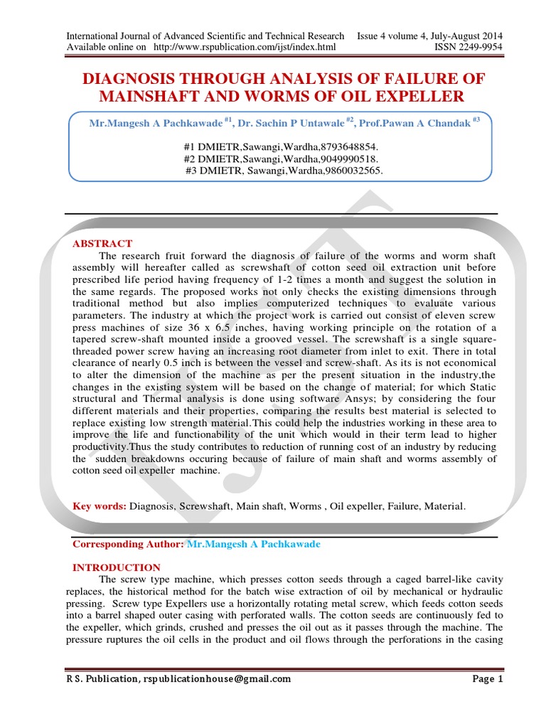 Oil Expeller Shaft Analysis Journal | PDF | Gear | Stress (Mechanics)