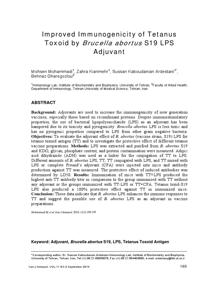 Improved Immunogenicity of Tetanus Toxoid by S19 Lps Adjuvant | PDF ...
