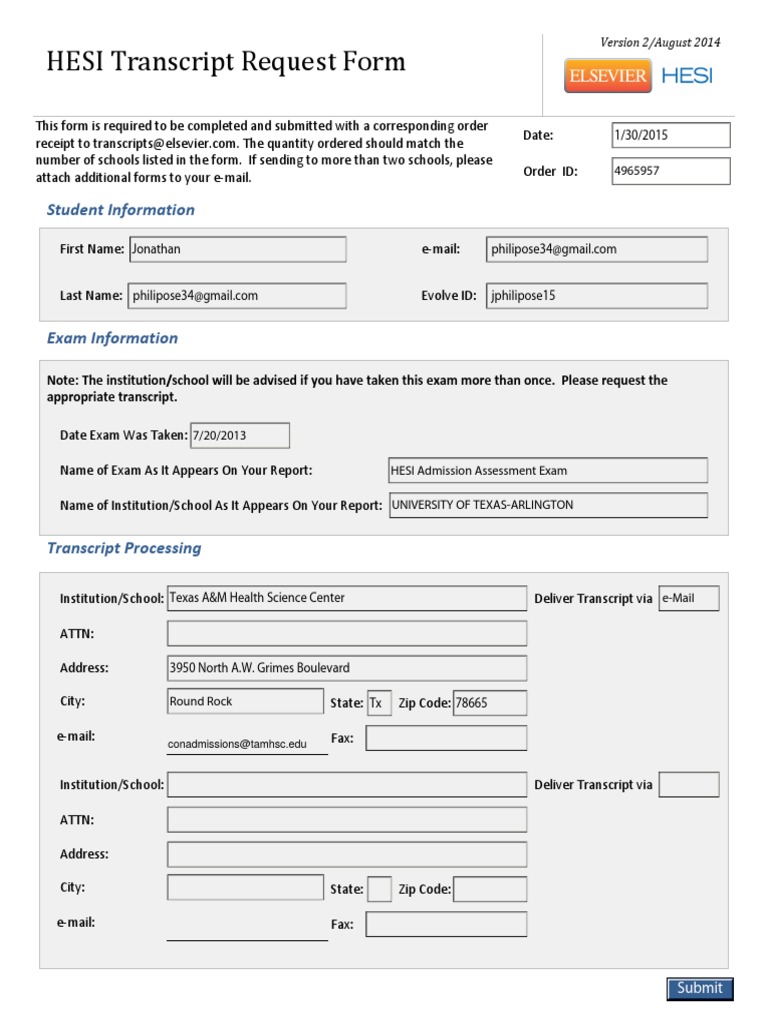 HESI Transcript Request Form V2 | PDF | Business