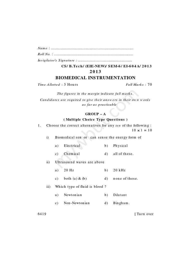 2013 Biomedical Instrumentation: CS/B.Tech/ (EIE-NEW) /SEM-6/EI-604A/2013 | PDF ...