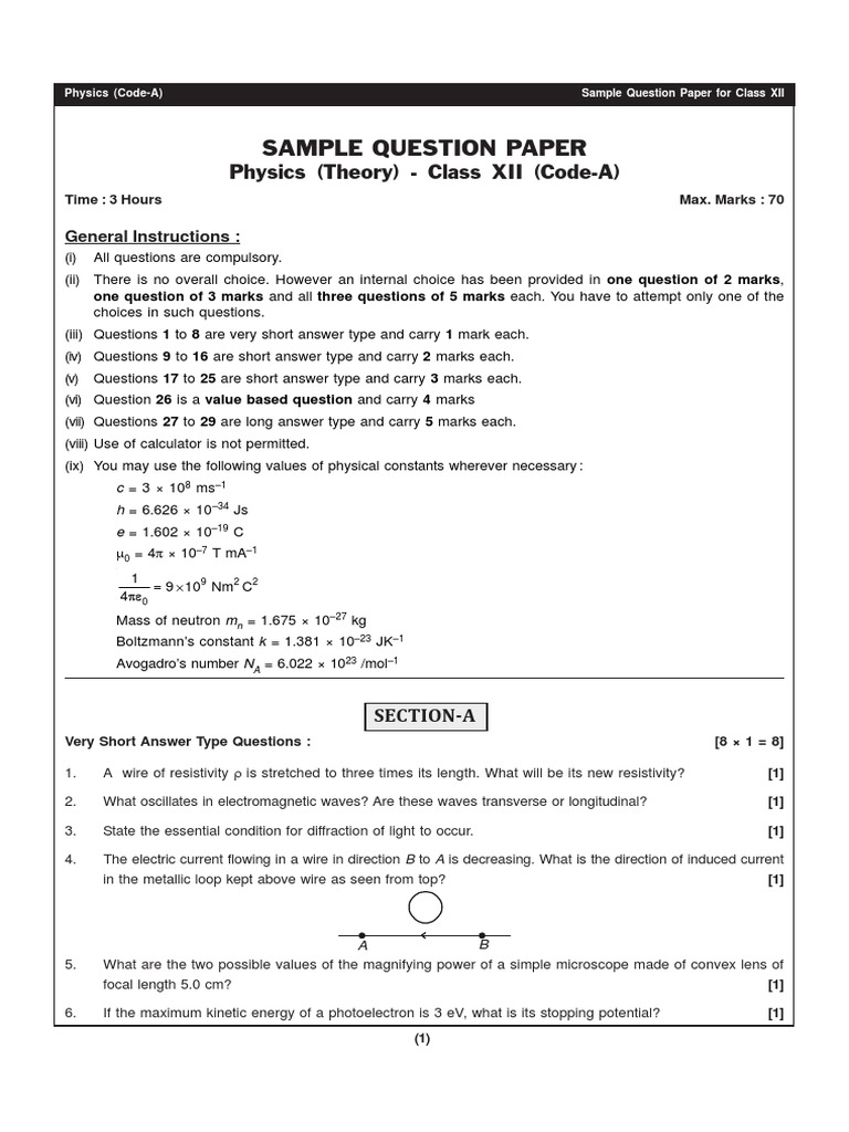 CBSE Sample Paper Class XII Physics PDF | PDF | Capacitor | Inductance