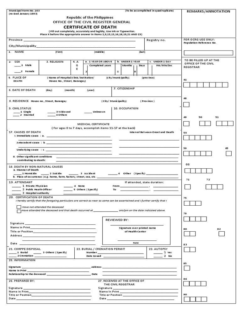 Death Certificate Form | PDF | Death | Autopsy