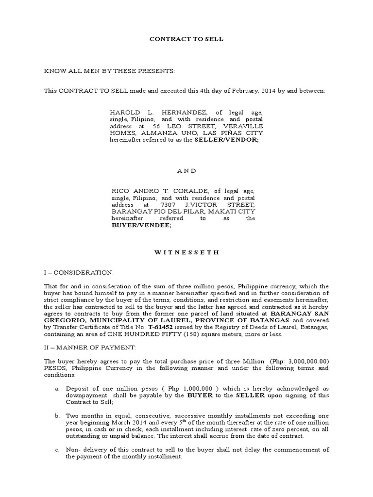 Contract To Sell | PDF | Lease | Payments
