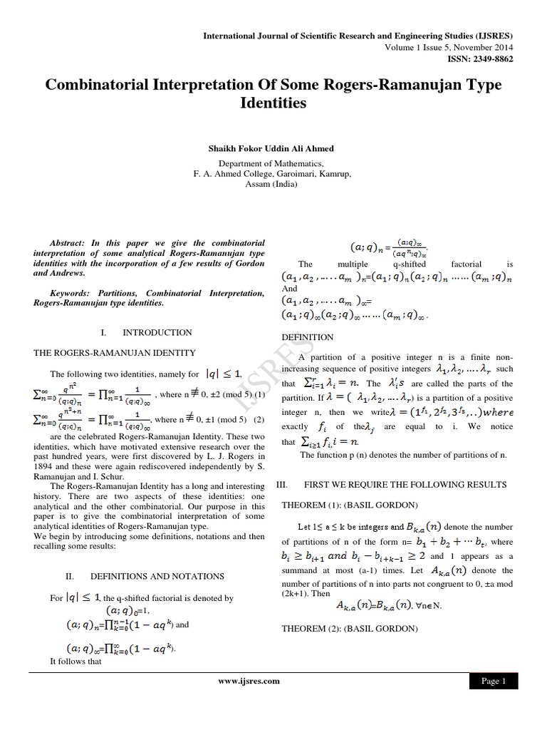 Combinatorial Interpretation of Some Rogers-Ramanujan Type Identities | Download Free PDF ...