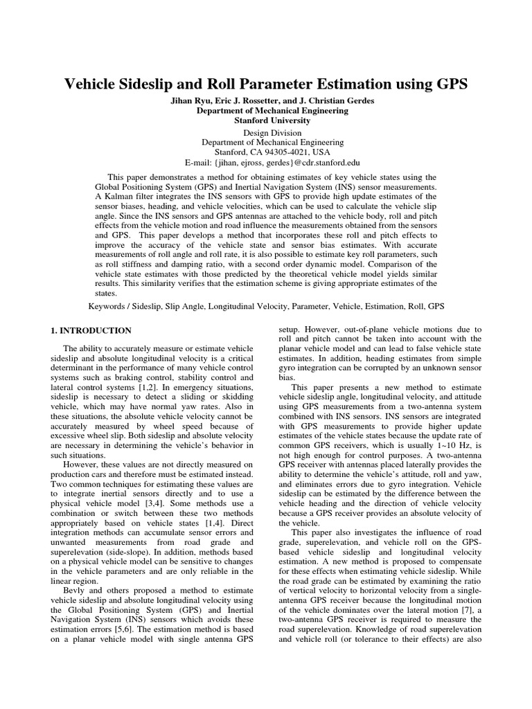 Vehicle Sideslip and Roll Parameter Estimation Using GPS | Download Free PDF | Inertial ...