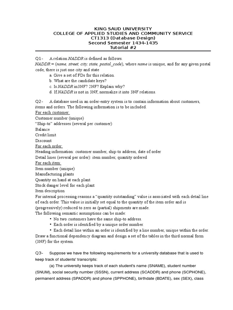 Database Design Tutorial Questions on Normalization and Relational ...