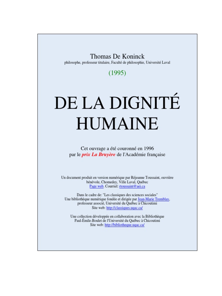 De La Dignite Humaine | Nature humaine | Dignité