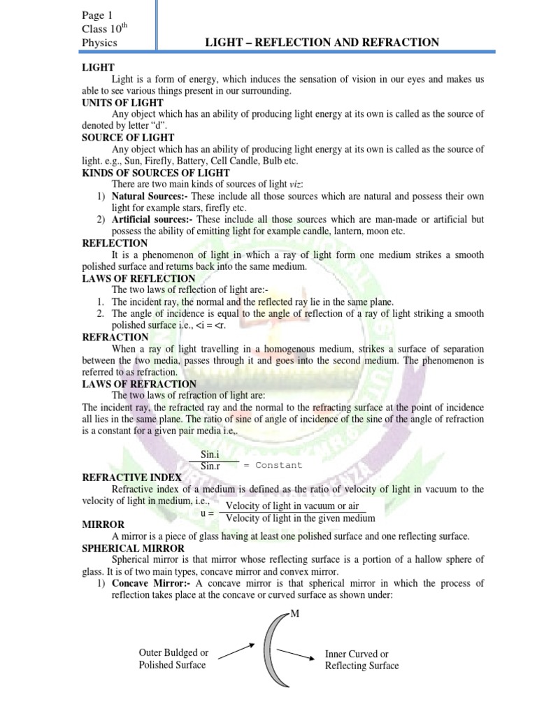 Light - Reflection and Refraction 10th Phy PDF | PDF | Lens (Optics) | Mirror