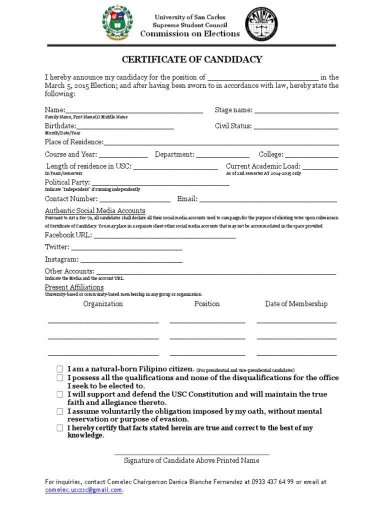 Certificate of Candidacy + Certification USC-SSC Election 2015 | PDF ...