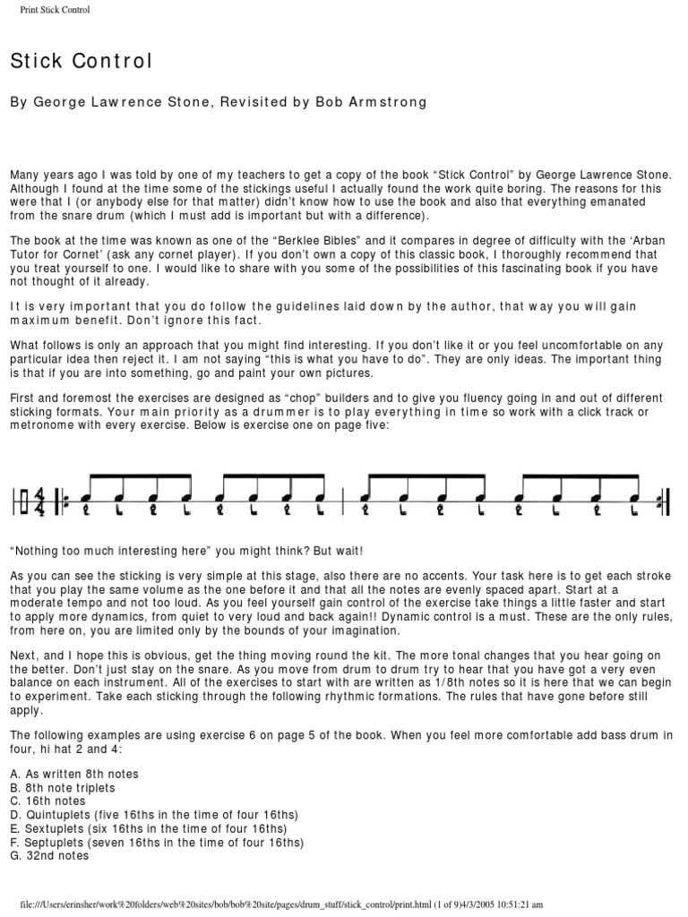 Stick Control: by George Lawrence Stone, Revisited by Bob Armstrong | PDF