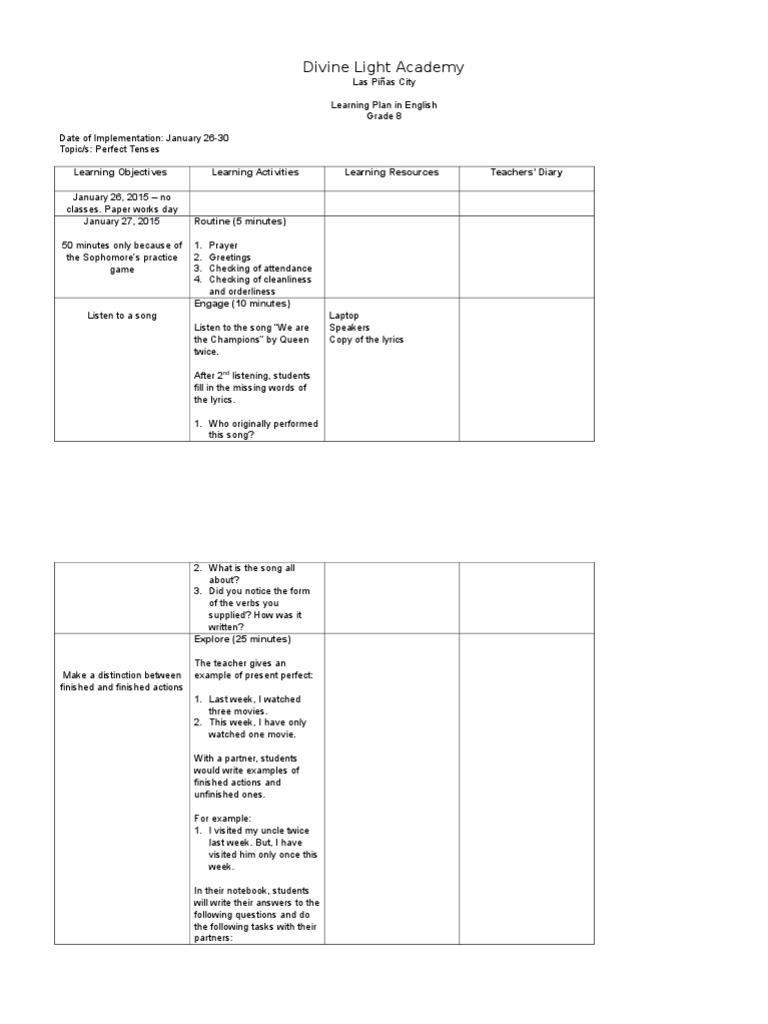 Learning Plan in English | PDF | Perfect (Grammar) | Verb