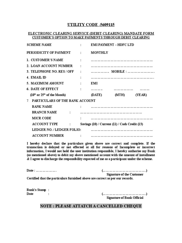 UTILITY CODE - 5609115: Electronic Clearing Service (Debit Clearing ...