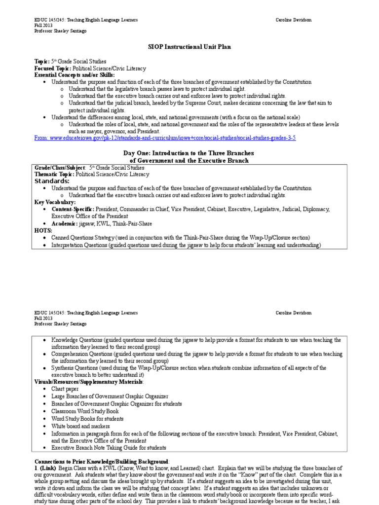 Grade 5 SIOP Unit Plan | PDF | Lesson Plan | Educational Assessment