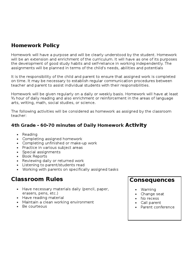 4th Grade Homework Policy Overview | PDF