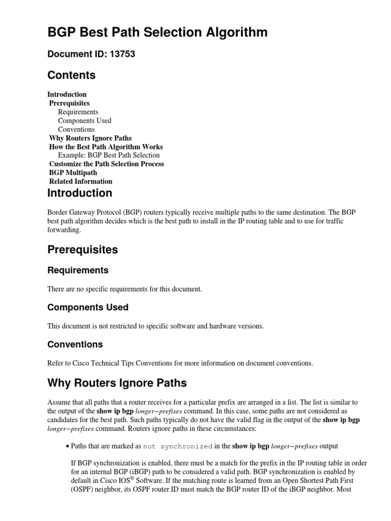 BGP Best Path Selection Algorithm PDF | PDF | Routing | Router (Computing)