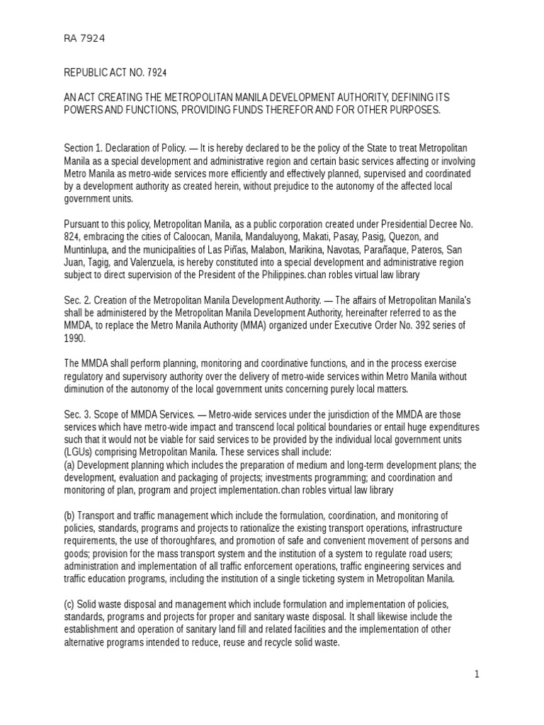 RA 7924 - MMDA Act | PDF | Metro Manila | Government