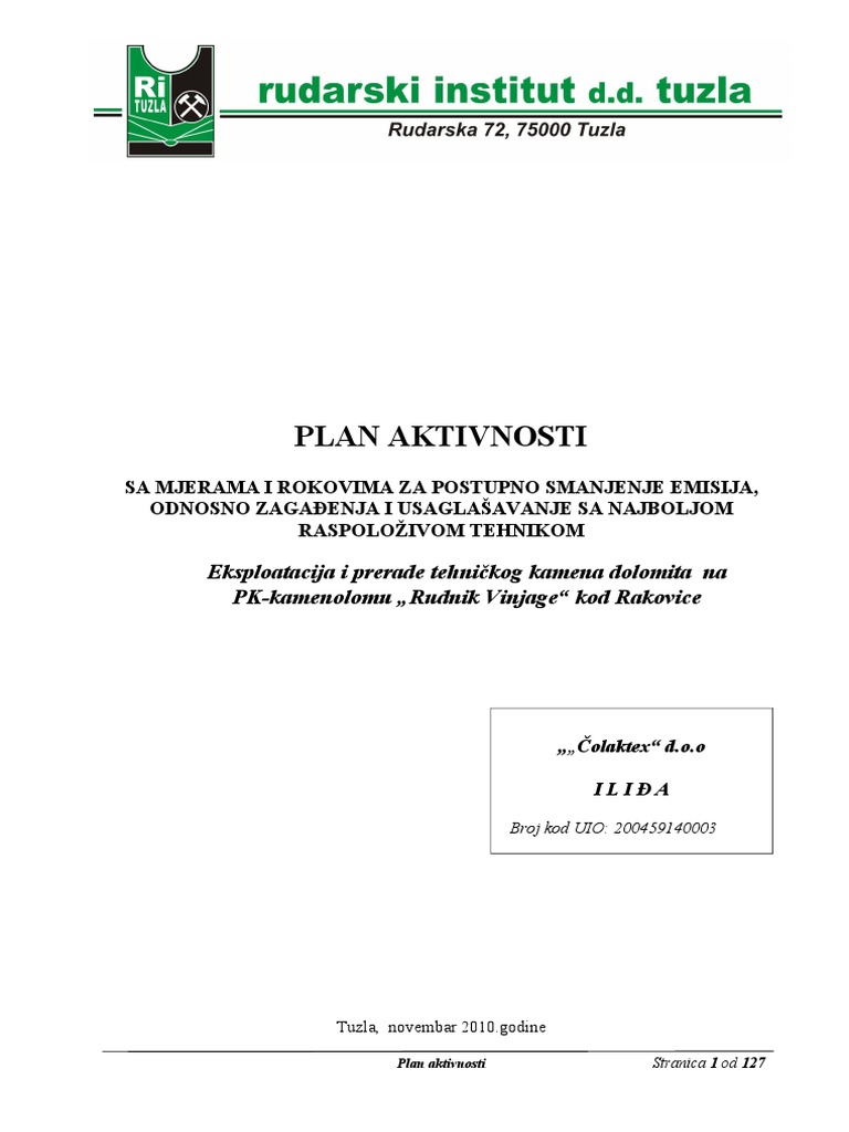 09.plan Aktivnosti Na Kamenolomu, Vinjage - Rakovica (Zagađenje) PDF | PDF