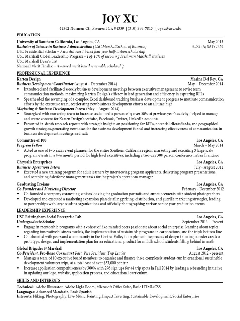 Joy Xu Resume | PDF | University Of Southern California | Social Enterprise