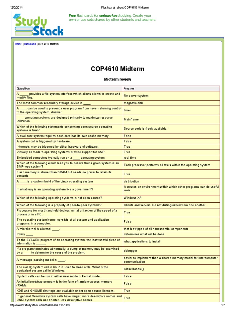 Flashcards About COP4610 Midterm | PDF | Thread (Computing) | Operating System