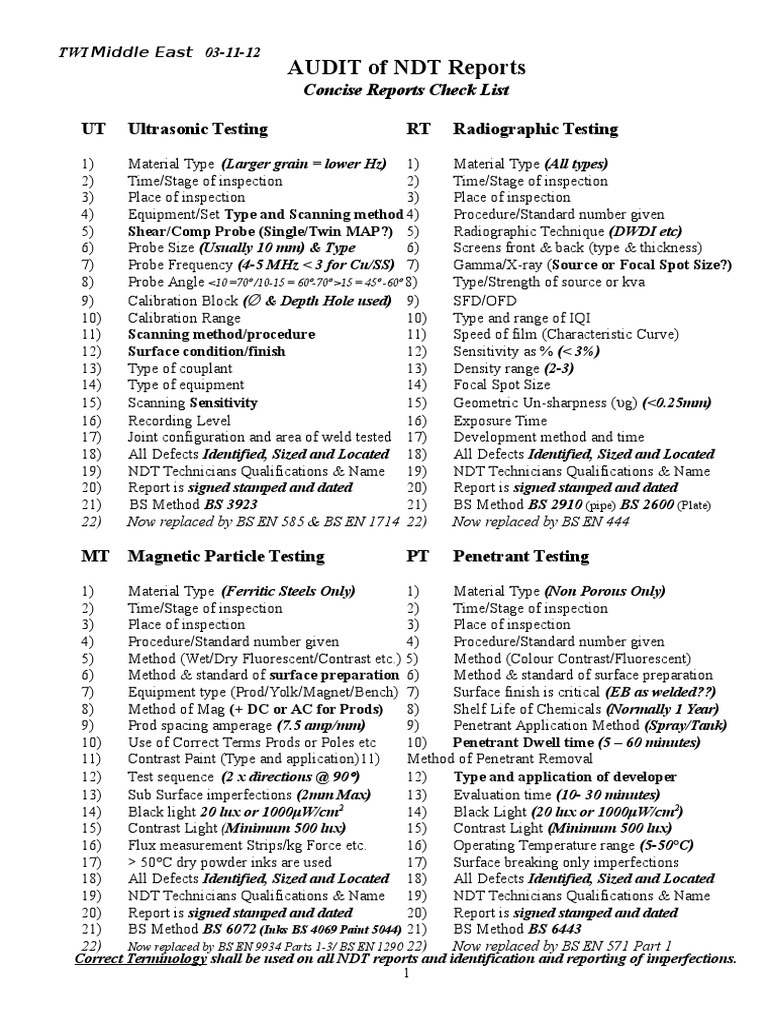 NDT Report Check List Updated 2013 | PDF | Nondestructive Testing ...