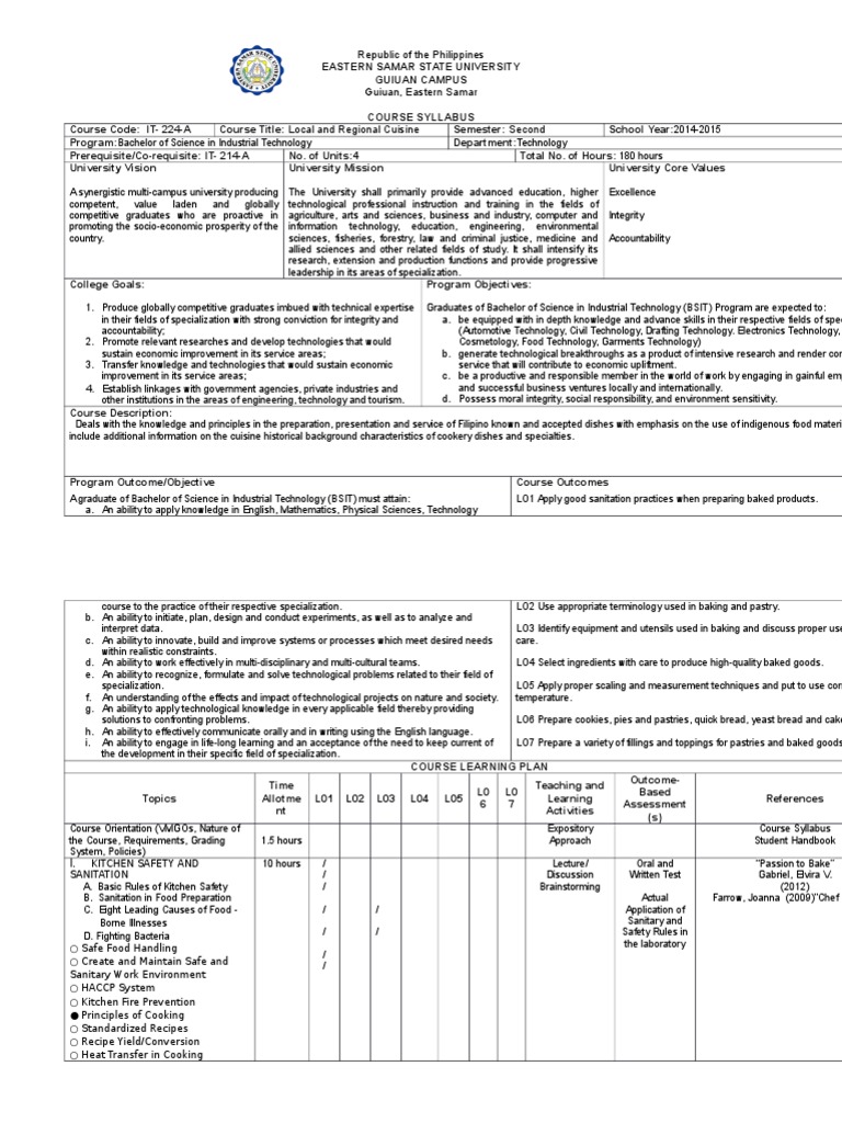 Local and Regional Cuisine Syllabus | PDF | Breads | Cakes