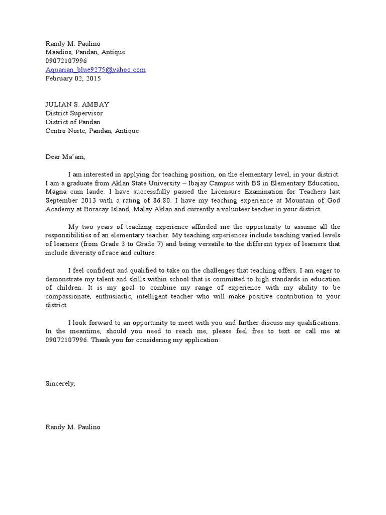 Application for Elementary Teaching Position | PDF | Teachers | Academia