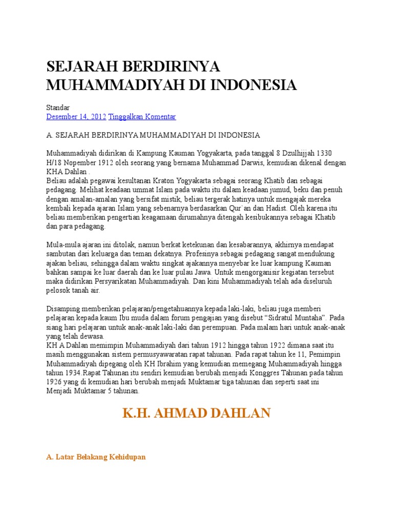 Sejarah Berdirinya Muhammadiyah Di | PDF