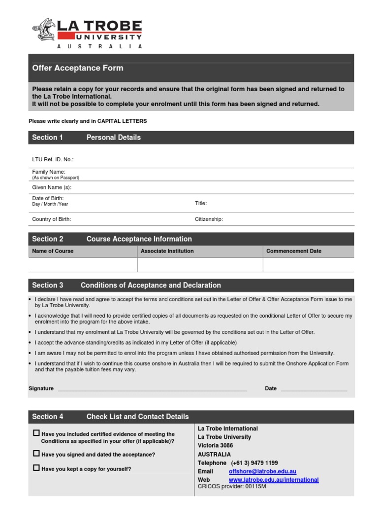 La Trobe University Offer Acceptance Form | PDF | Government And ...